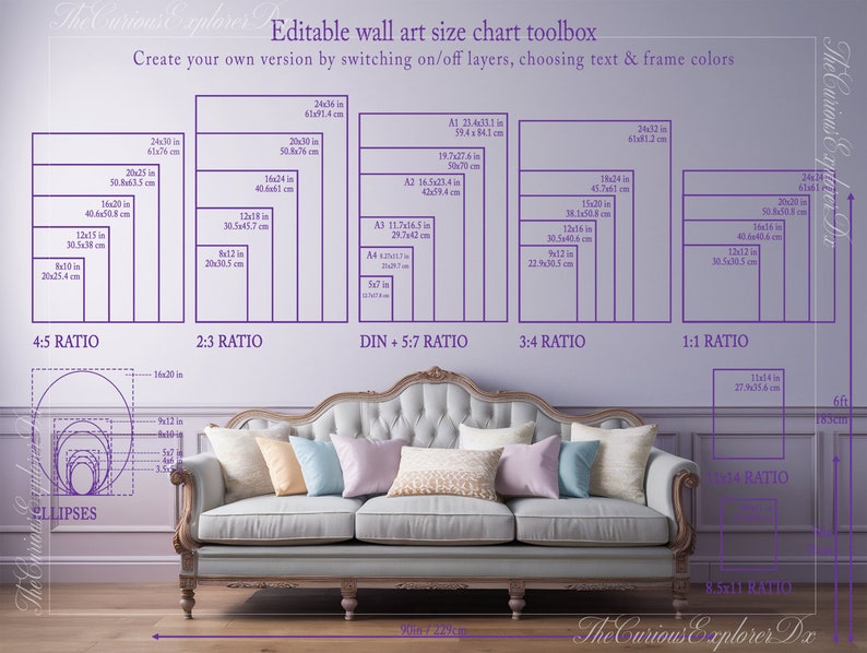 Vertical Poster Size Chart Mockup - Oval Frame Guide in Living Room ...