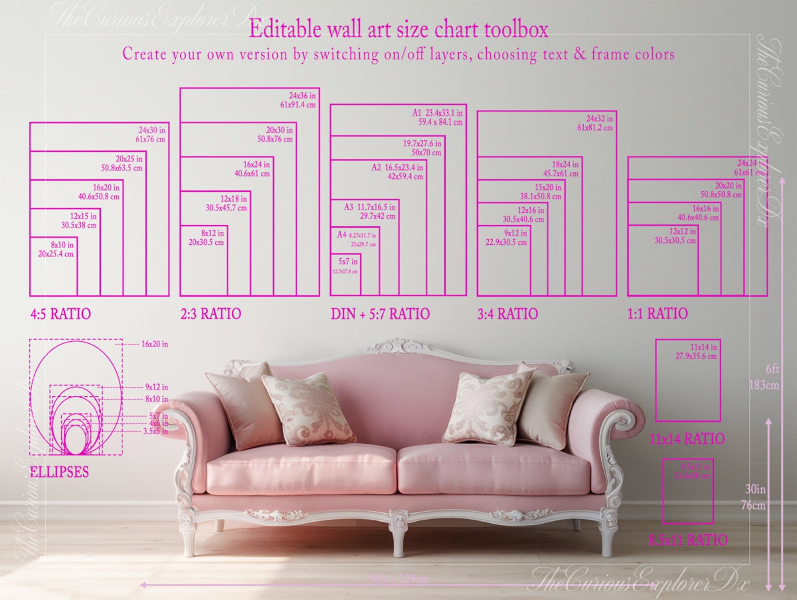 Vertical Poster Size Chart Mockup, Square & Ellipse Oval Size Guide ...