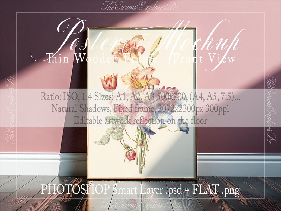5x7 Ratio PSD PNG Frame Mockup | Thin Wooden Frame Template | Burgundy ...