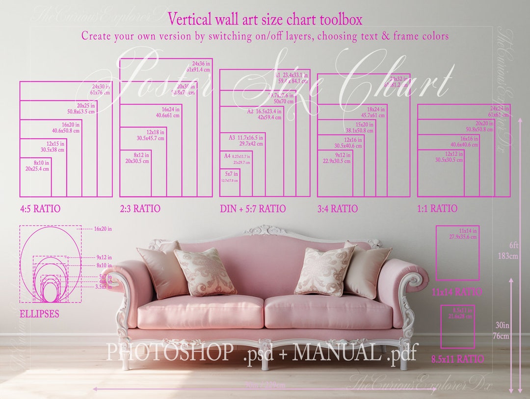 Vertical Poster Size Chart Mockup, Square & Ellipse Guide Photoshop ...