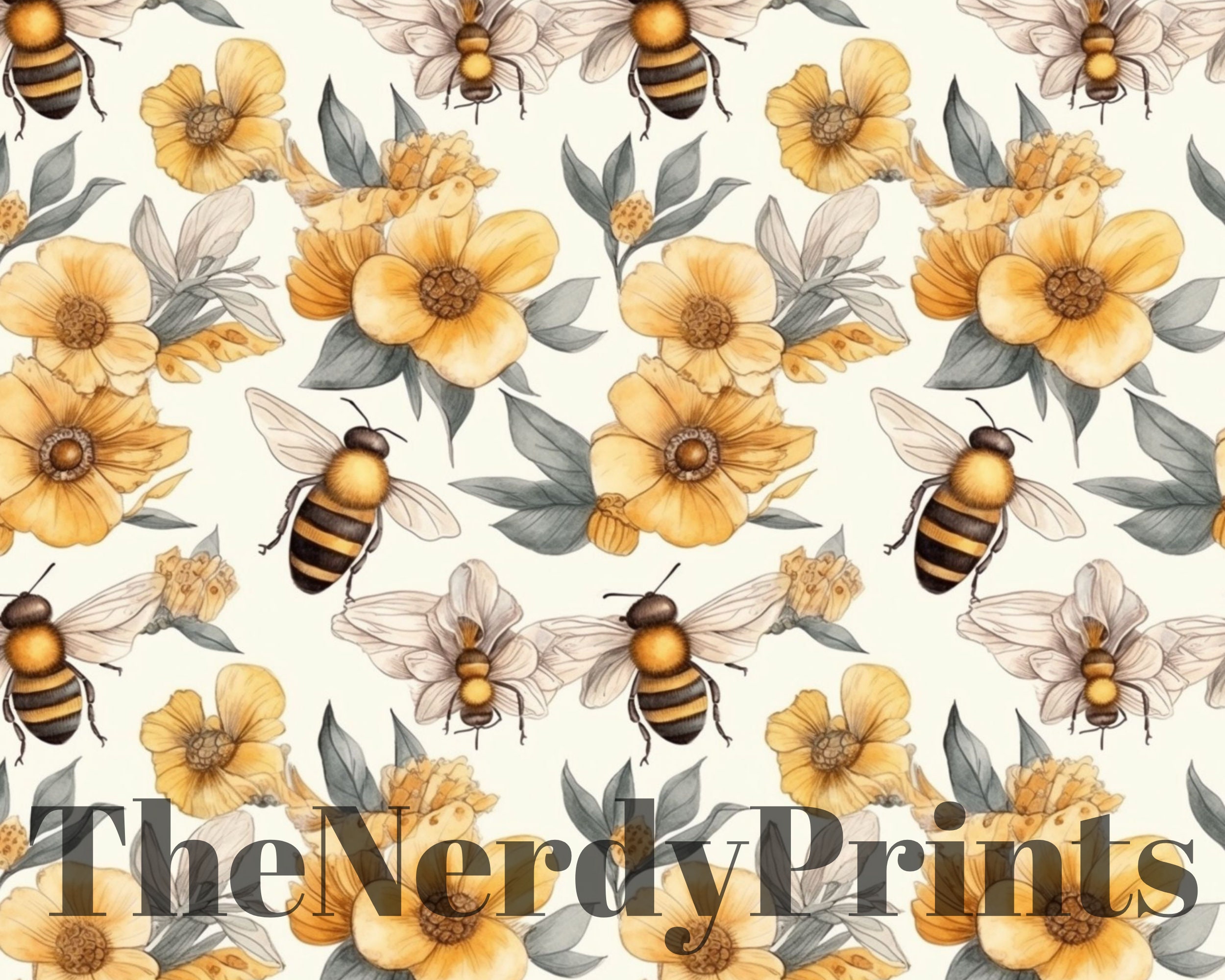 Cute Watercolor Bee Digital Paper, Seamless Pattern, Cartoon Bee Theme ...