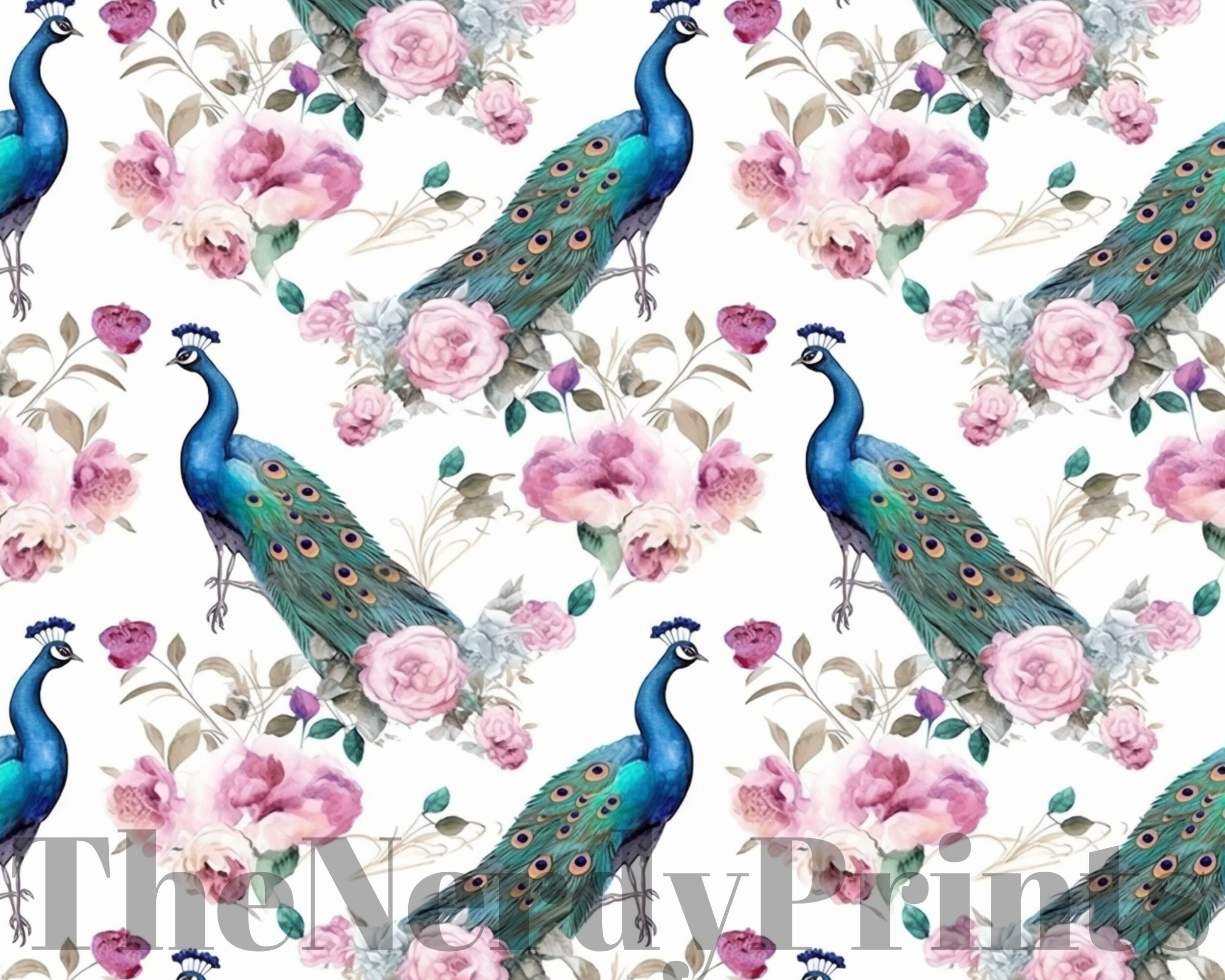 Watercolor Peacock Pattern Digital Paper, Hand Drawn, Seamless Pattern ...