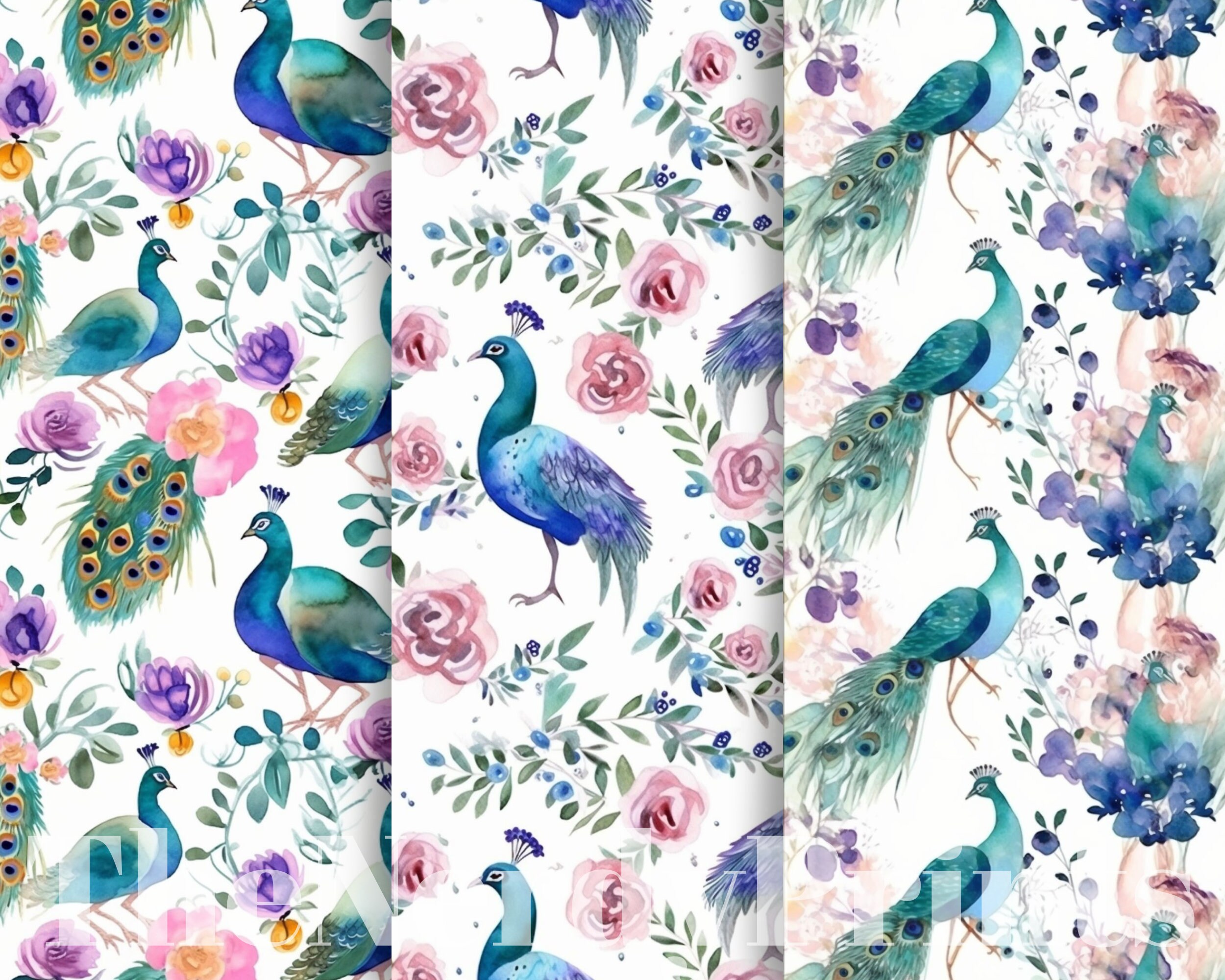 Watercolor Peacock Pattern Digital Paper, Hand Drawn, Seamless Pattern ...