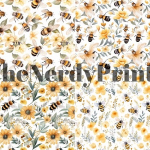 Cute Watercolor Bee Digital Paper, Seamless Pattern, Cartoon Bee Theme ...
