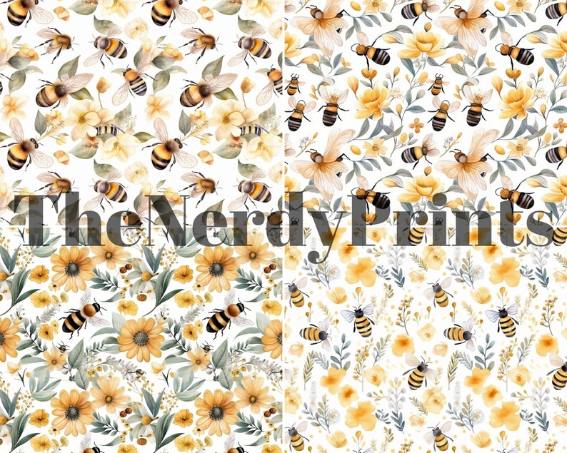 Cute Watercolor Bee Digital Paper, Seamless Pattern, Cartoon Bee Theme ...