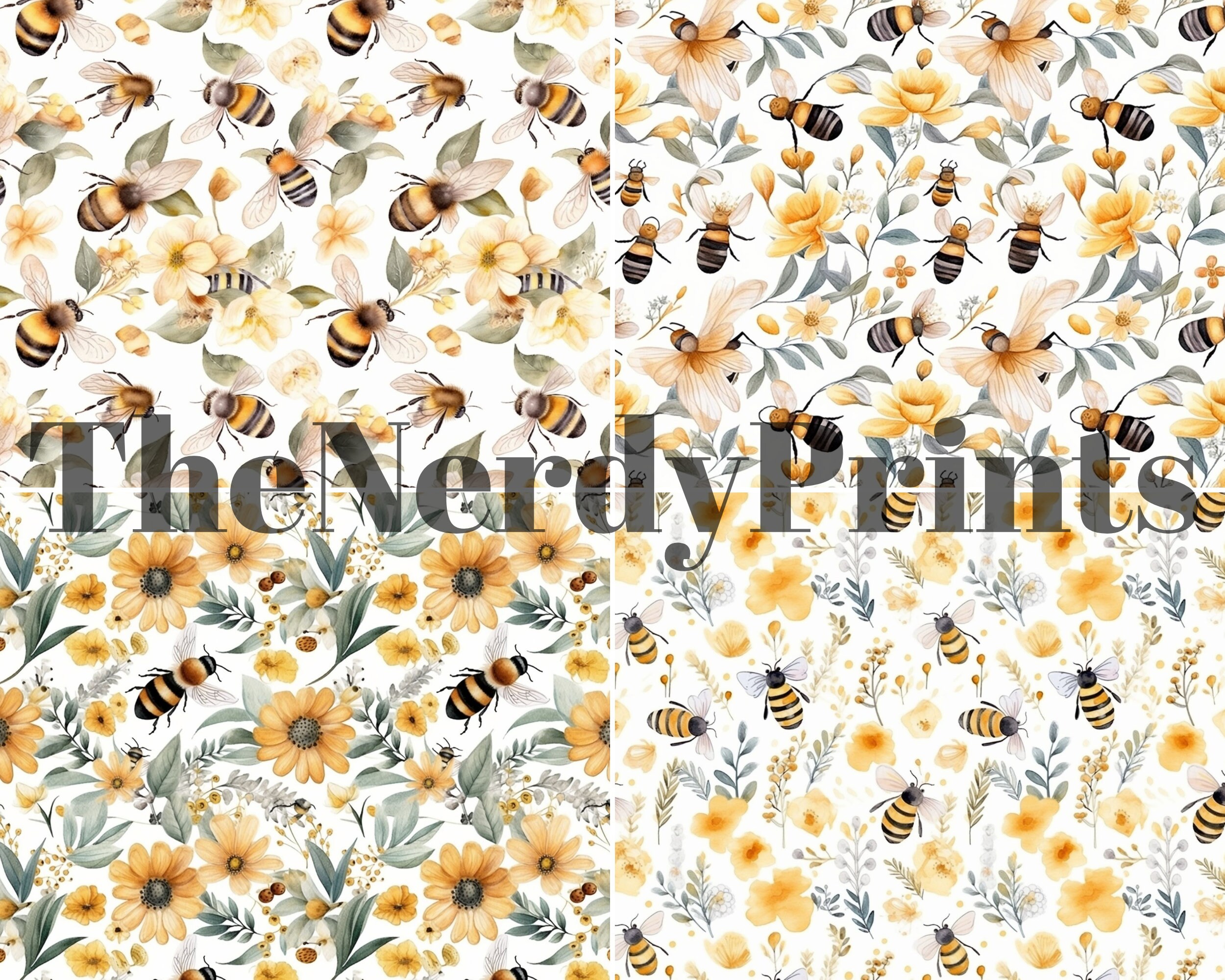Cute Watercolor Bee Digital Paper, Seamless Pattern, Cartoon Bee Theme ...