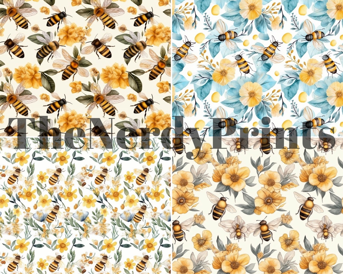 Cute Watercolor Bee Digital Paper, Seamless Pattern, Cartoon Bee Theme ...