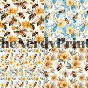 Cute Watercolor Bee Digital Paper, Seamless Pattern, Cartoon Bee Theme ...