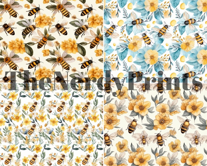 Cute Watercolor Bee Digital Paper, Seamless Pattern, Cartoon Bee Theme ...