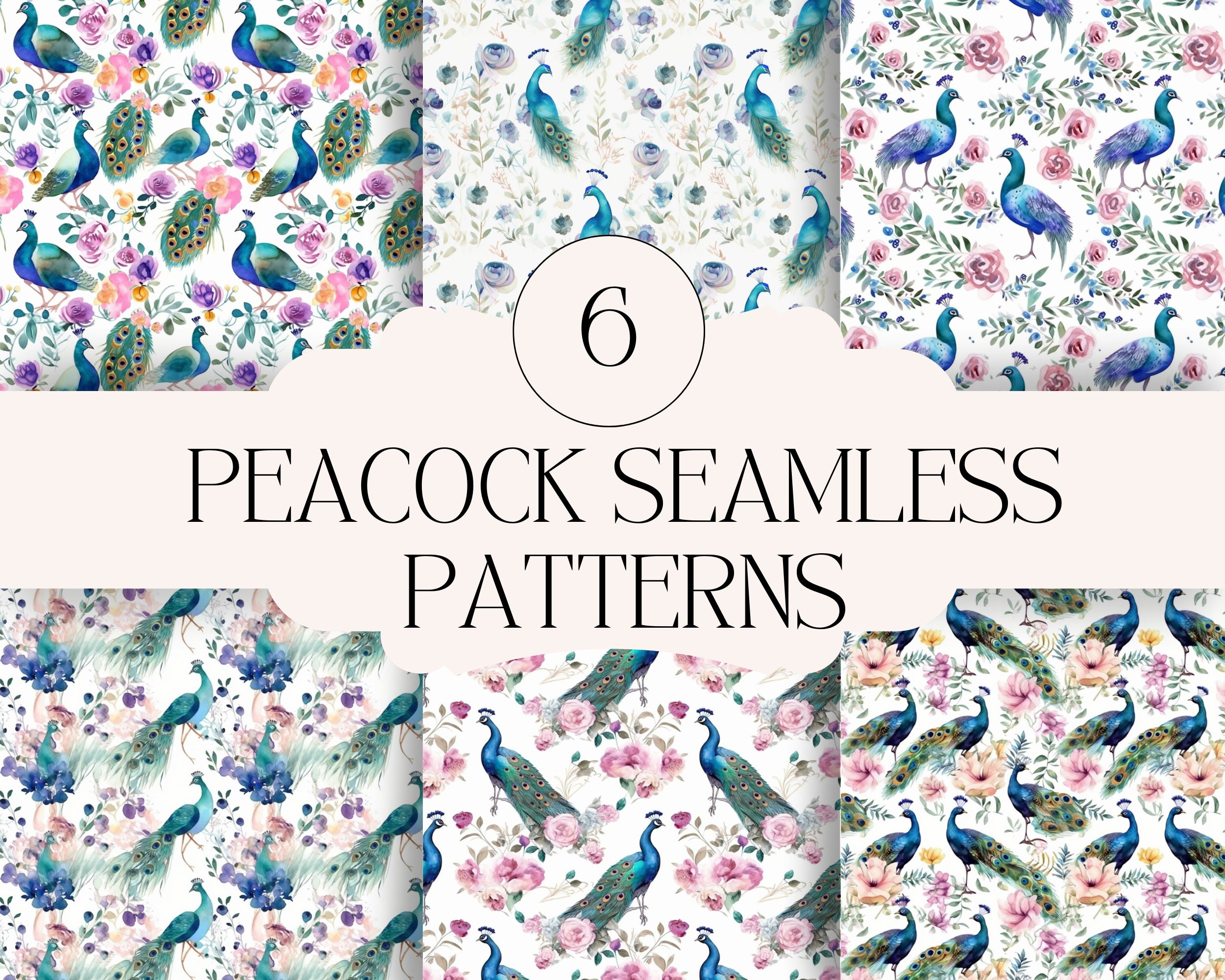 Watercolor Peacock Pattern Digital Paper, Hand Drawn, Seamless Pattern ...