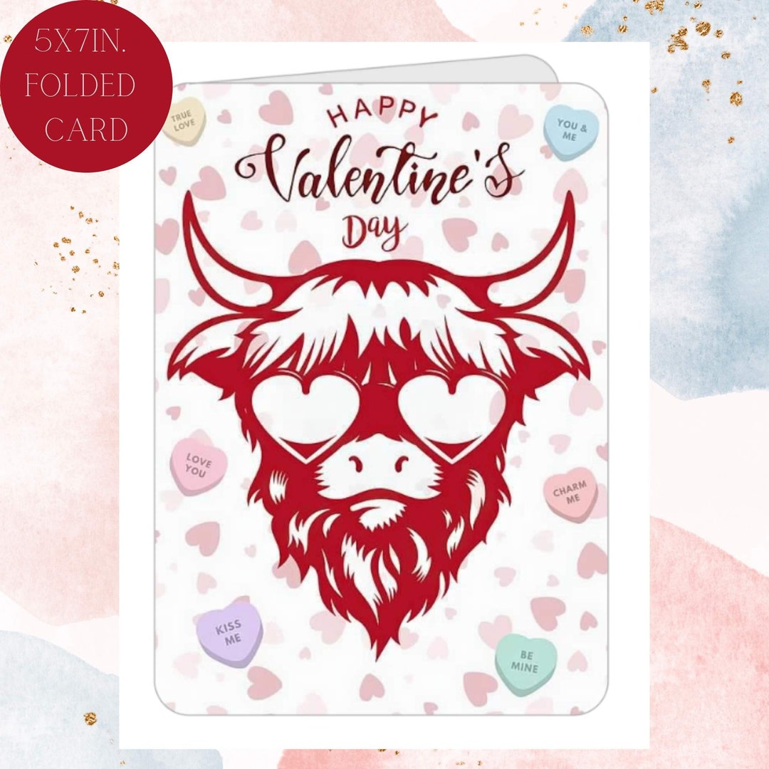 Highland Cow Valentine's Day Card, Scottish Highland Art, Cow Lover ...