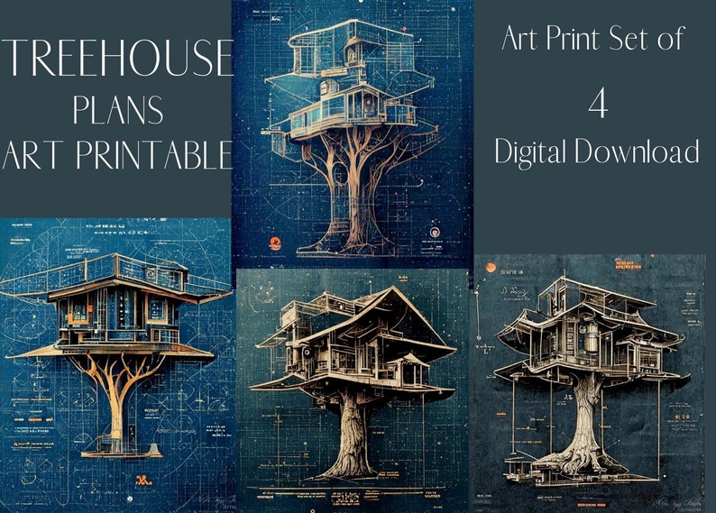 Treehouse Plans Art Printable, Digital Download Artwork, Tree House Art ...
