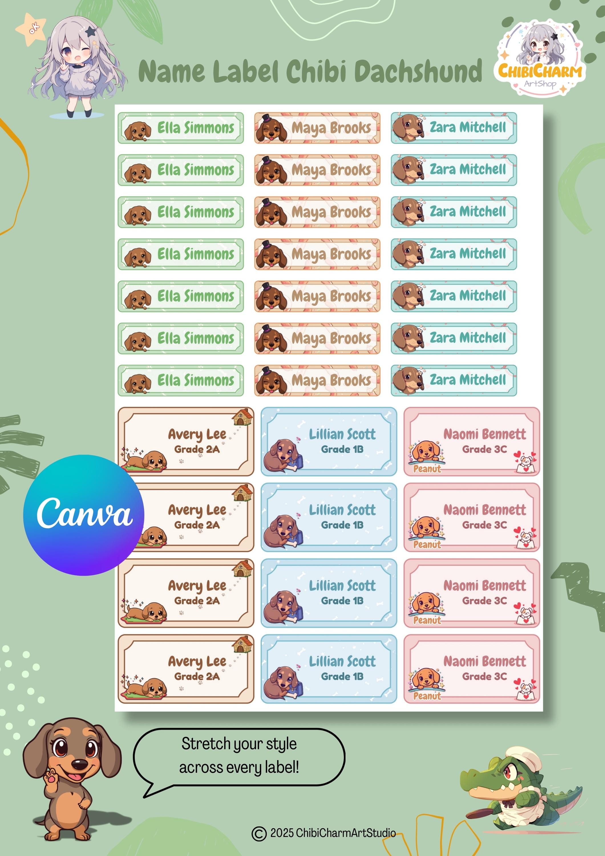 Personalized Cute Dachshund Name Labels for Kids, Custom Dog Tag ...