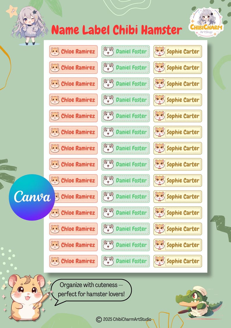 Cute Chibi Hamster Name Labels for Kids, Personalized School Stickers ...