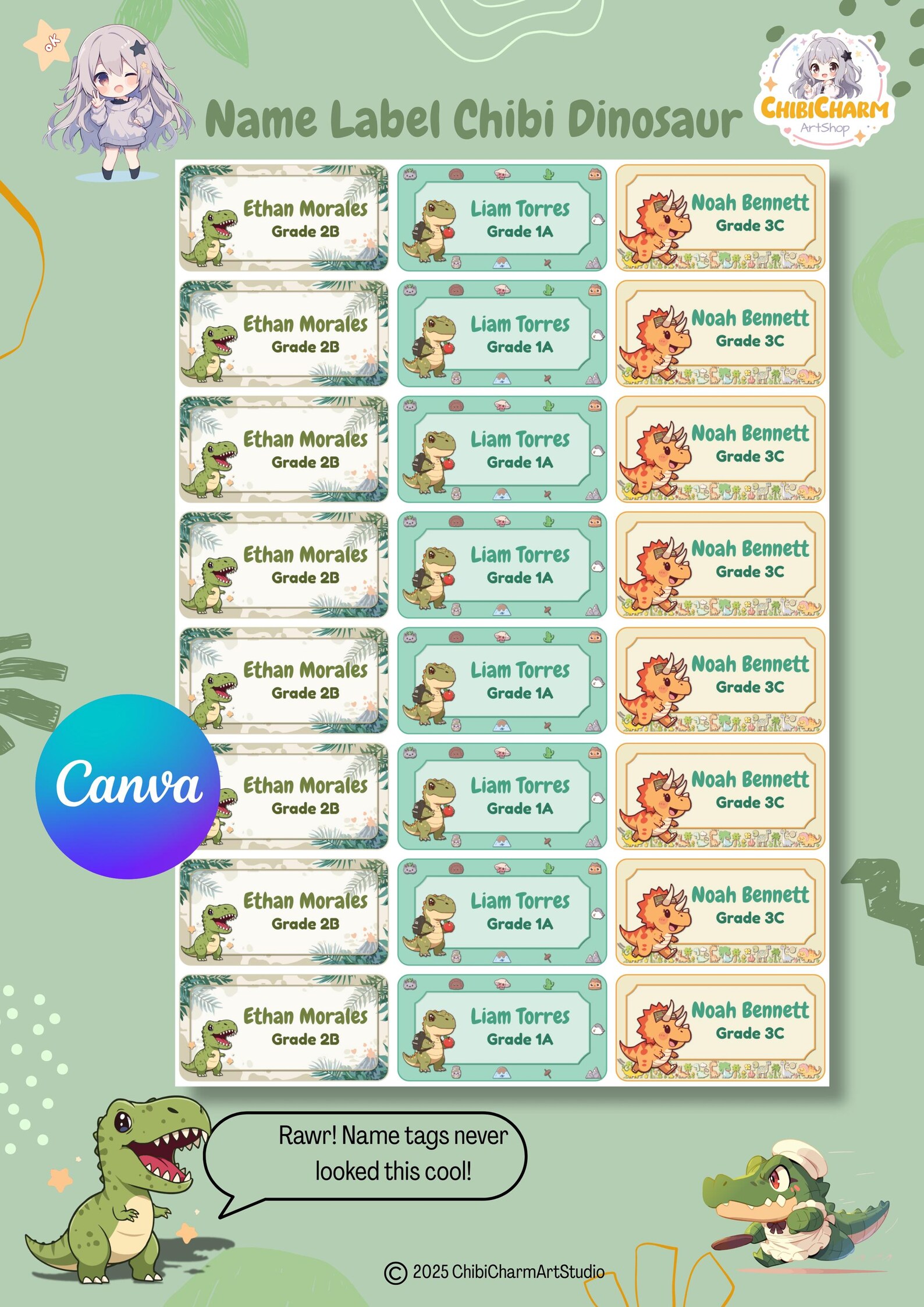 Personalized Cute Dinosaur Name Labels for Kids, Chibi T-rex School ...