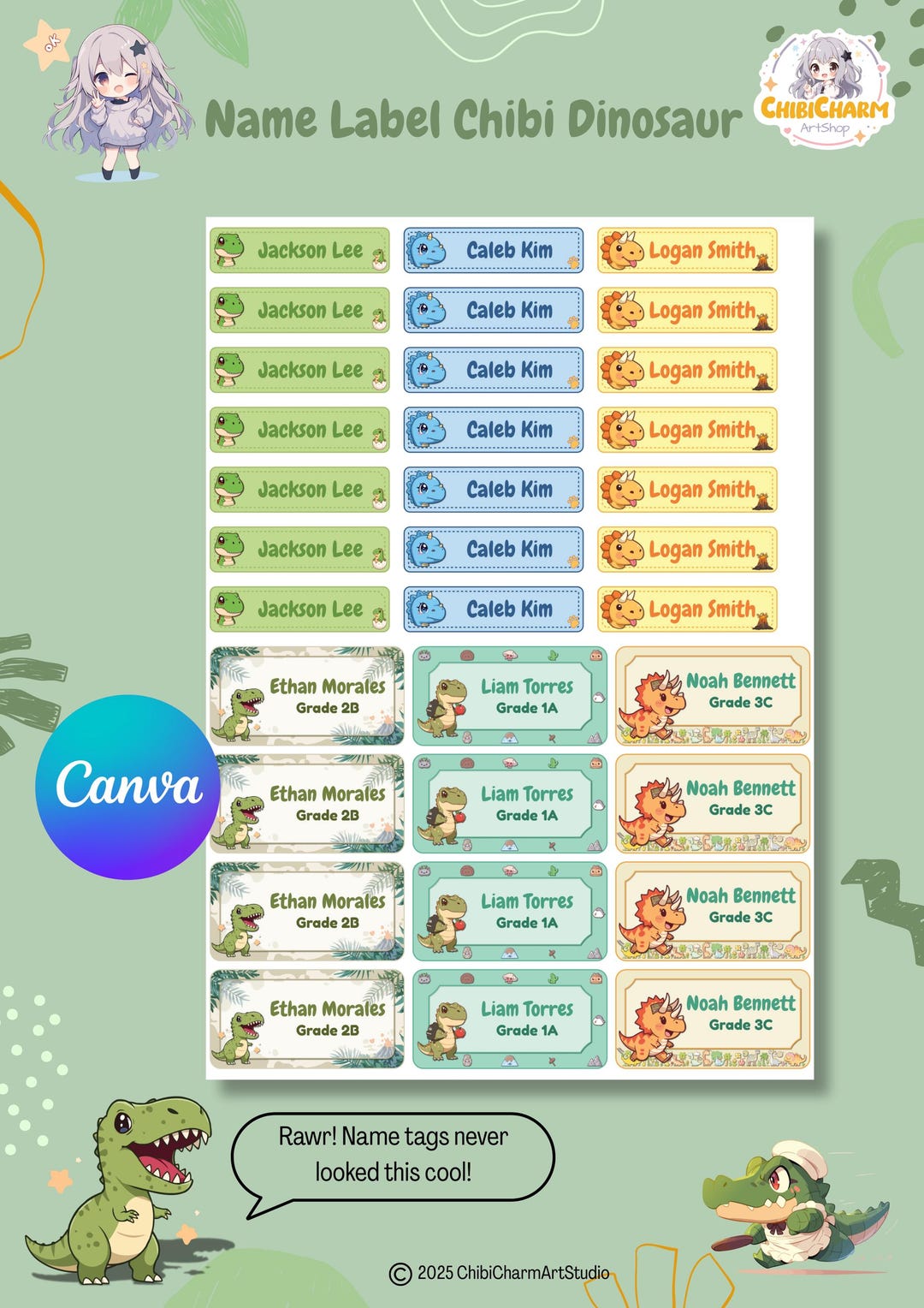 Personalized Cute Dinosaur Name Labels for Kids, Chibi T-rex School ...