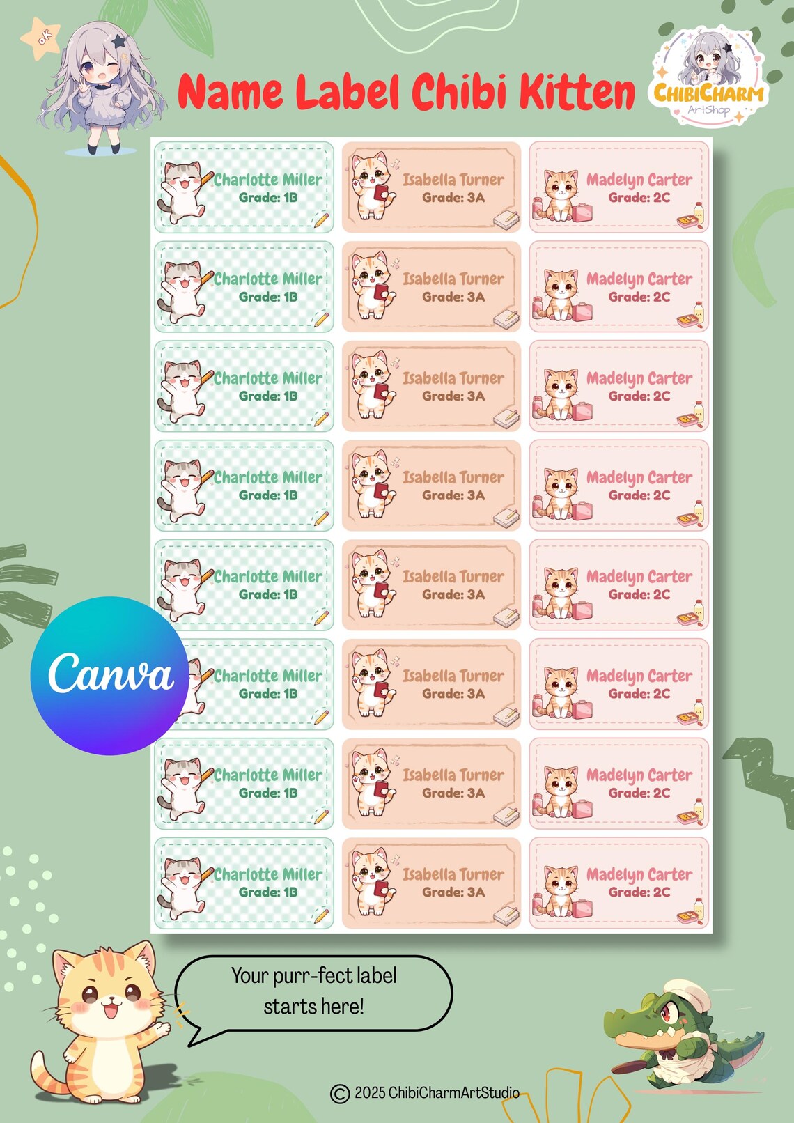 Personalized Cute Chibi Cat Name Labels, Custom Kitten School Tags ...