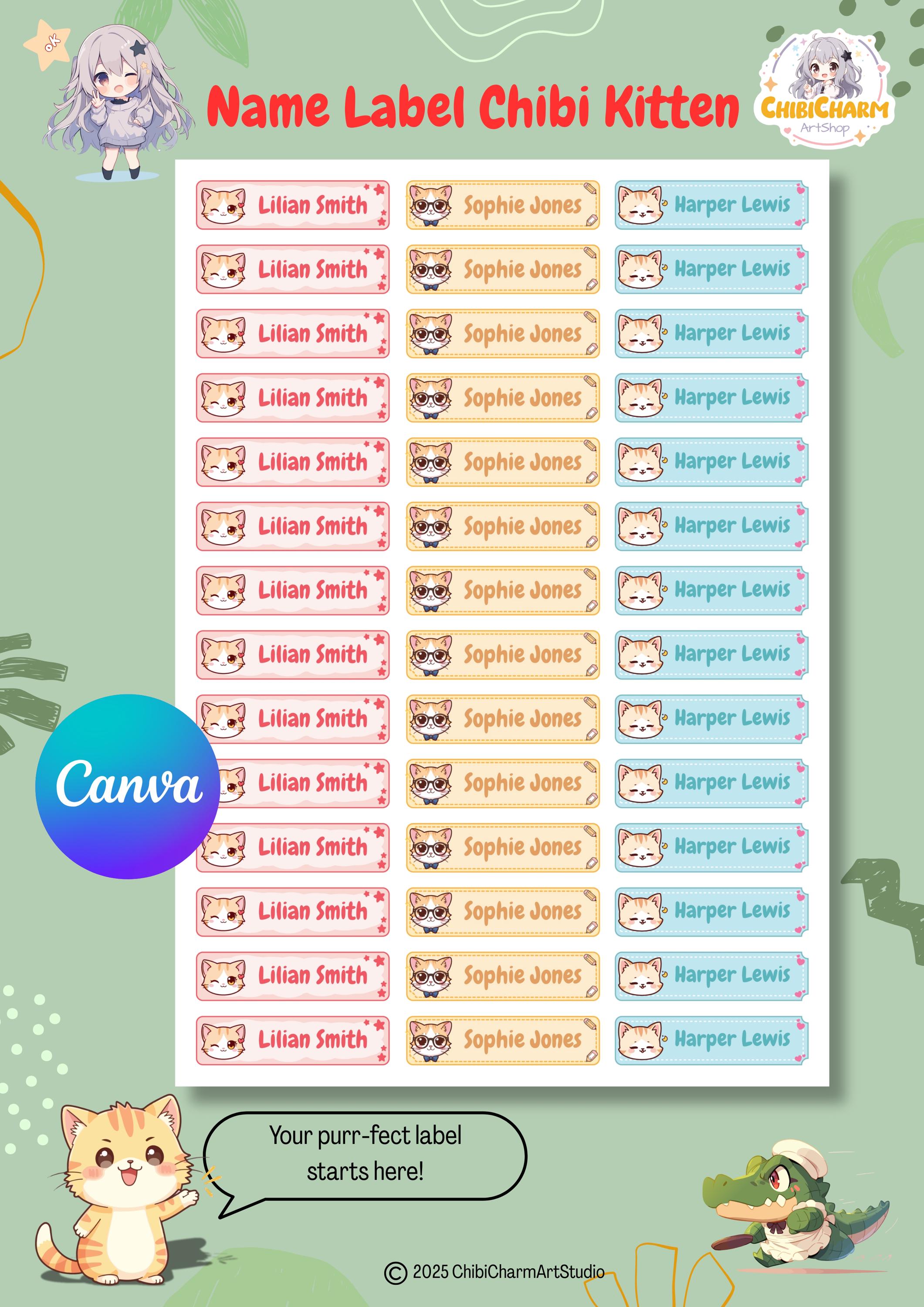Personalized Cute Chibi Cat Name Labels, Custom Kitten School Tags ...