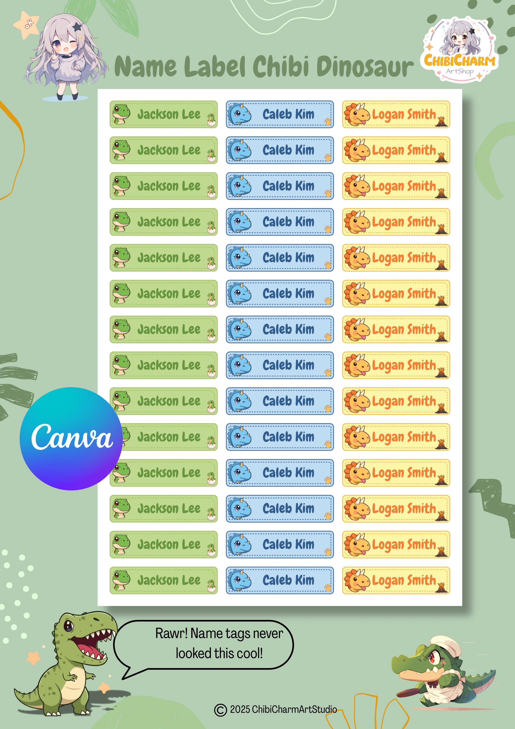 Personalized Cute Dinosaur Name Labels for Kids, Chibi T-rex School ...