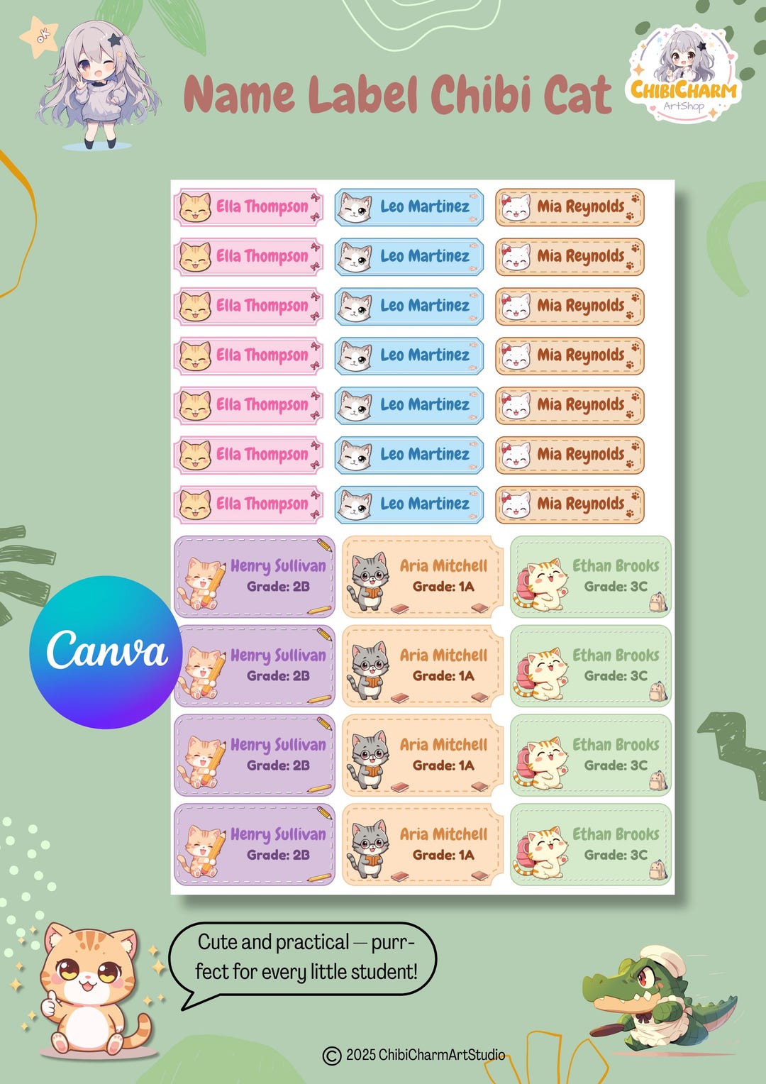 Adorable Personalized Cat Name Labels for Kids, Cute Chibi Kitten ...