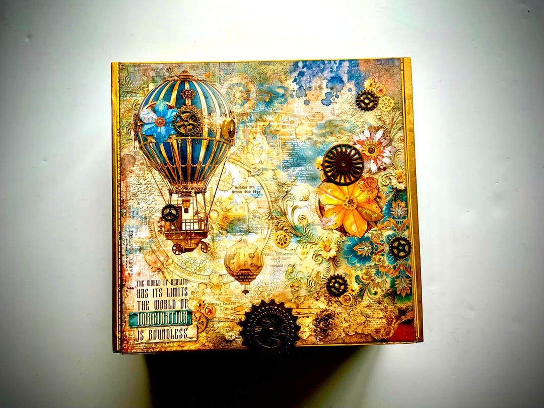 Steampunk Keepsake Storage With Hot Air Balloon, Gears & Floral Art ...