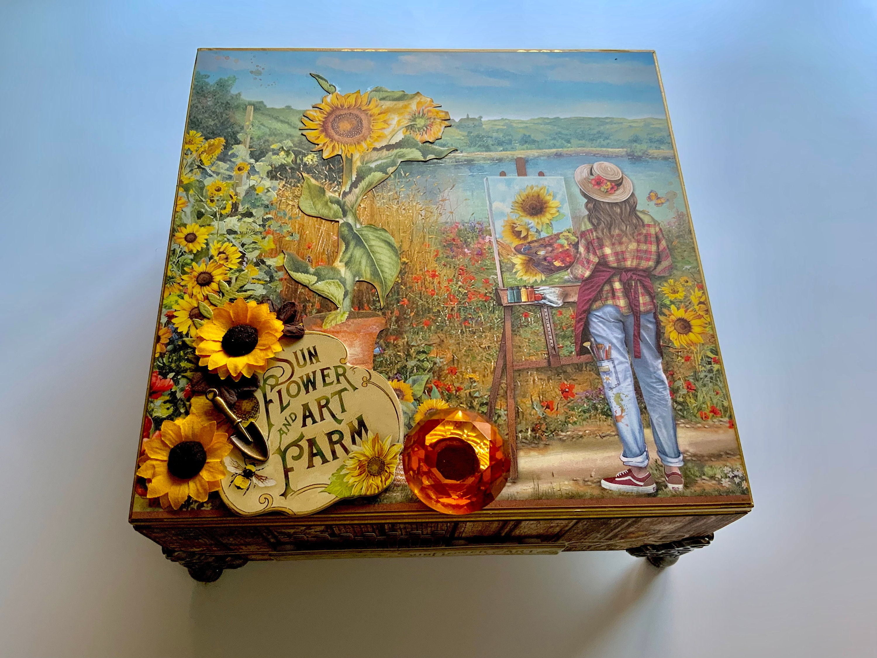 Sunflower Farm Decorated Cigar Box, Decorative Art Box, Mixed Media ...