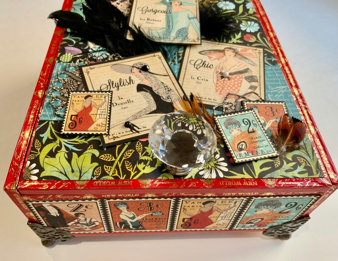 Decorated Cigar Box, Mixed Media Art Box, Handmade Jewelry Box, French ...
