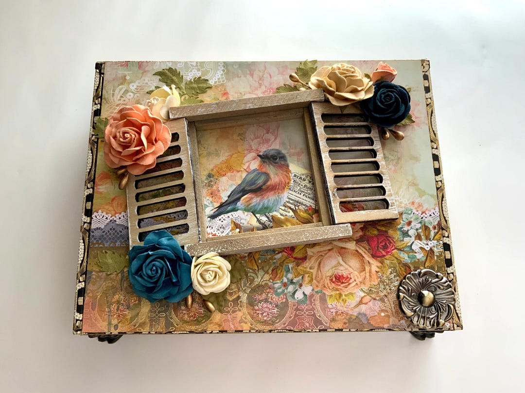 Blue Fern Bird Waltz Keepsake Box With Memory Window – Decorated Cigar ...