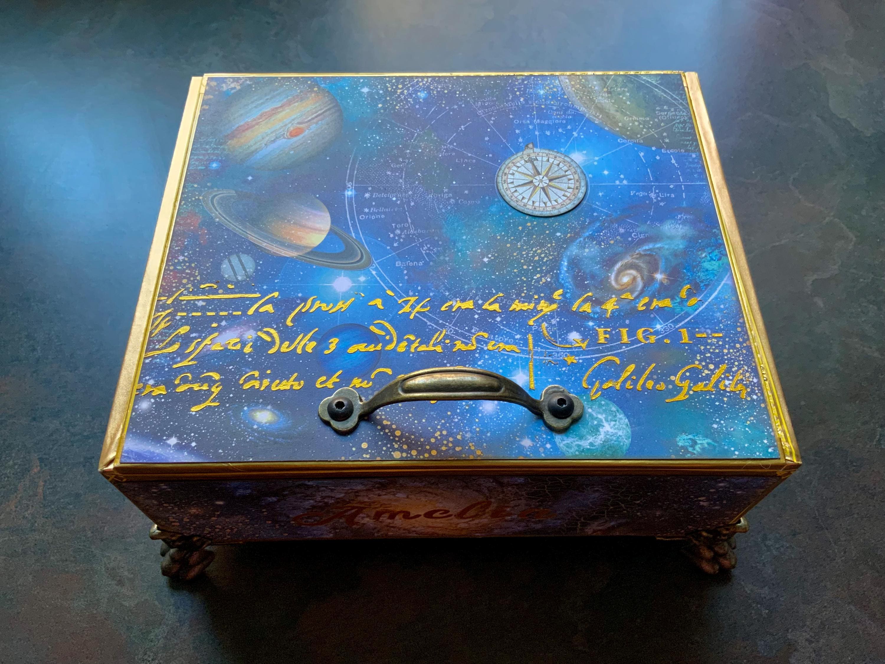 Cosmos Decorated Wooden Cigar Box, Celestial Theme Repurposed Cigar Box ...