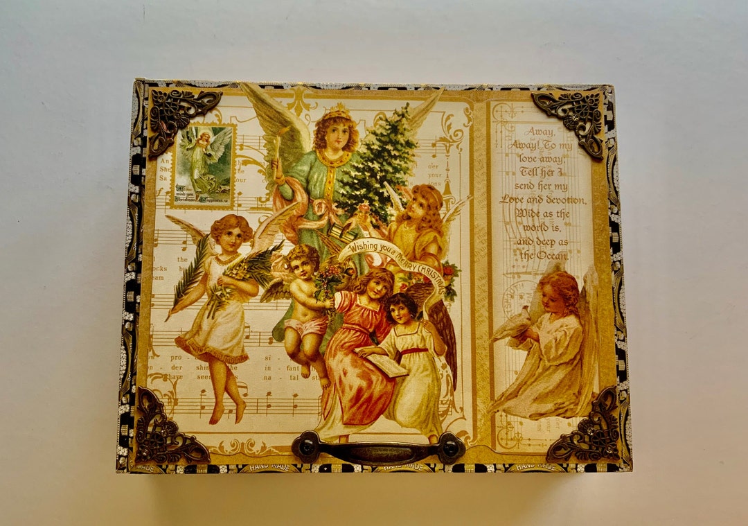 Vintage Christmas Decorated Cigar Box, Christmas Card Box, Angel ...