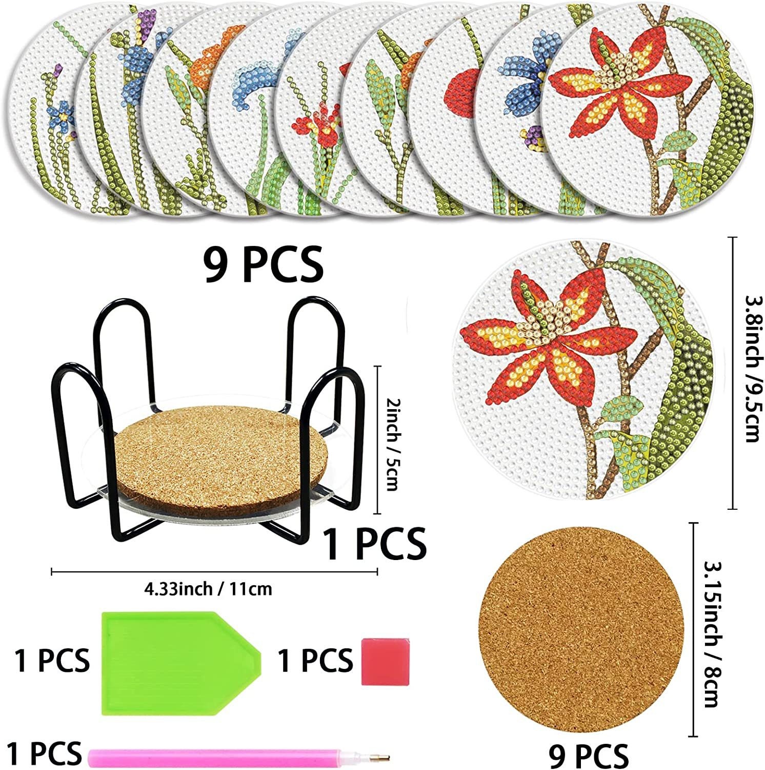 9 Pcs Floral Patterns Diamond Painting Coasters With Holder for ...