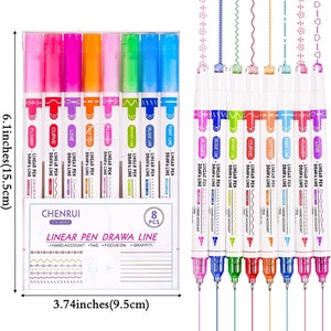 8PCS Dual Tip Linear and Rolling Curve Rainbow Pen Set for Scrapbooking ...