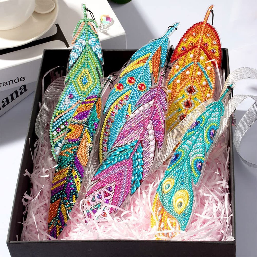 6 Pcs 5D Diamond Painting Bookmarks Kits DIY Feather Bookmark Diamond ...