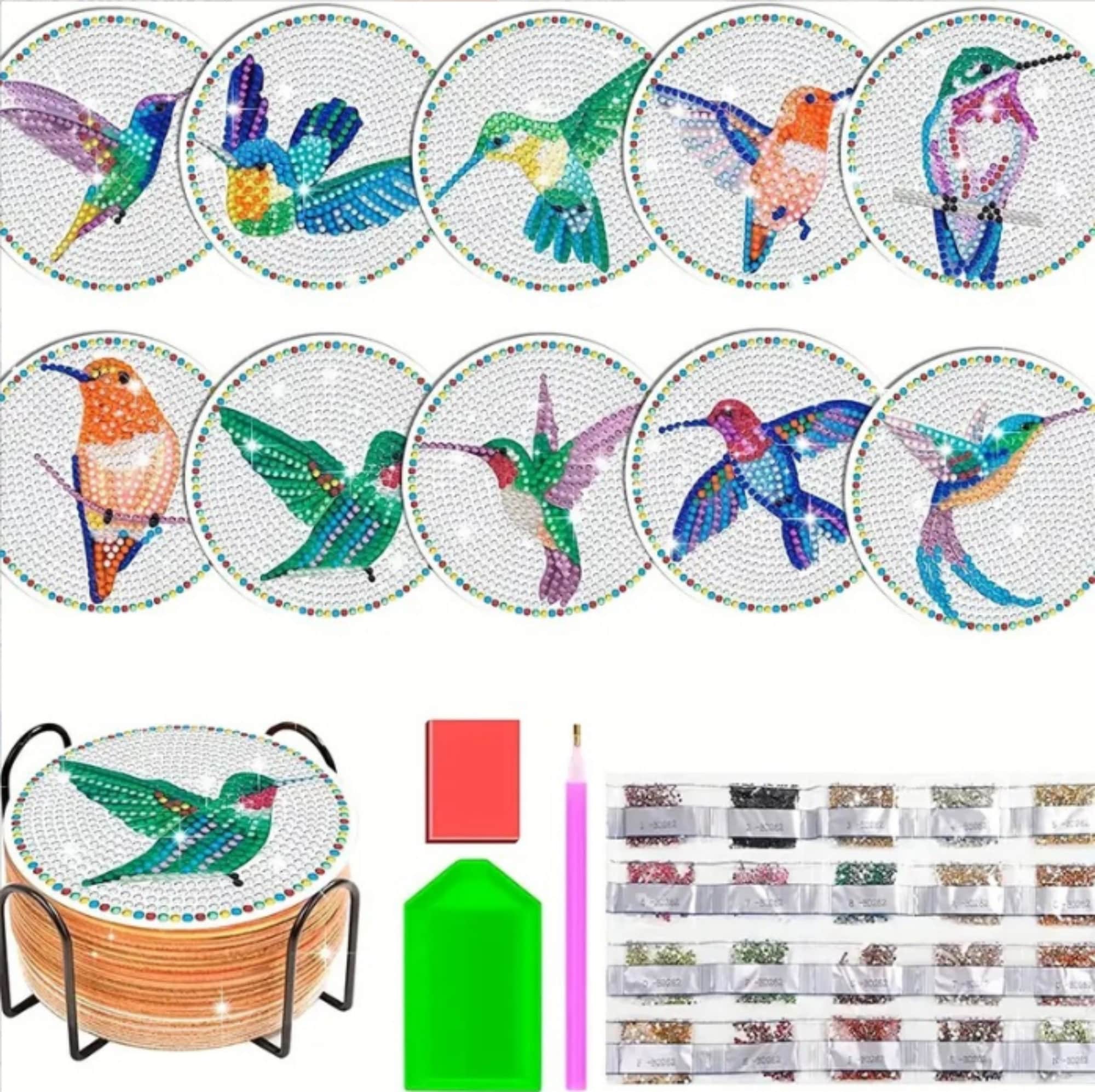 10pcs Beautiful Humming Bird Diamond Painting Coasters Kit/ DIY 5D Gem ...