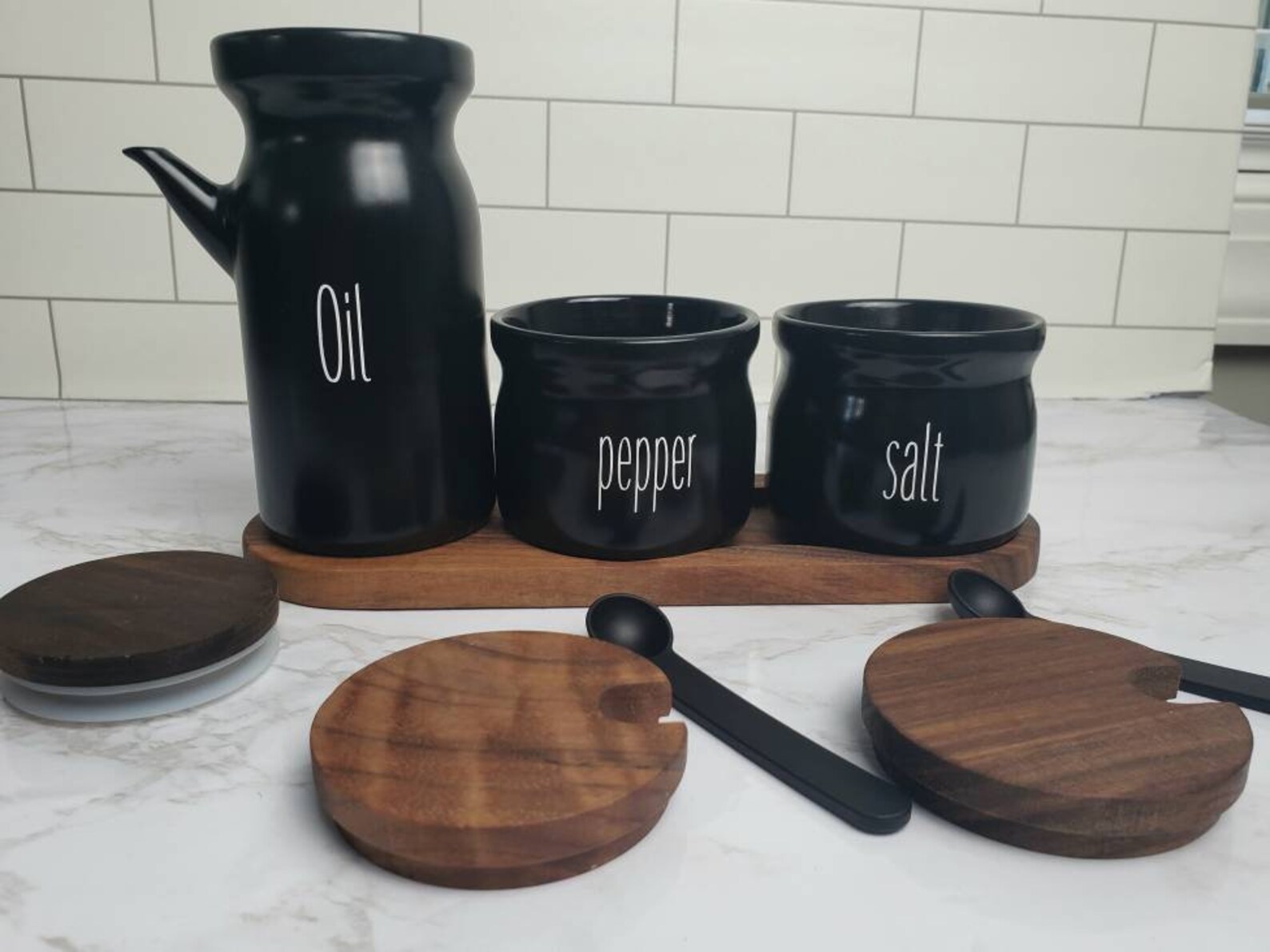 Stoneware Spice and Oil Jar Set/ Three Piece Set on Wood Tray/ - Etsy