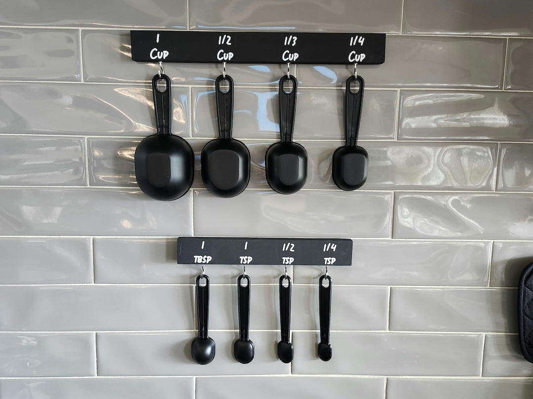 Measuring Cup and Spoon Holder, Four Piece Set, Kitchen Organizer, Wood ...