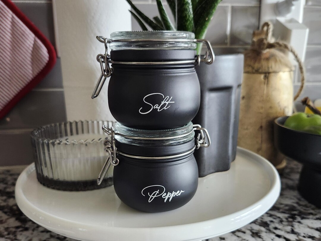 Salt and Pepper Glass Black Jar Storage, Set of Two, Kitchen Organizer ...