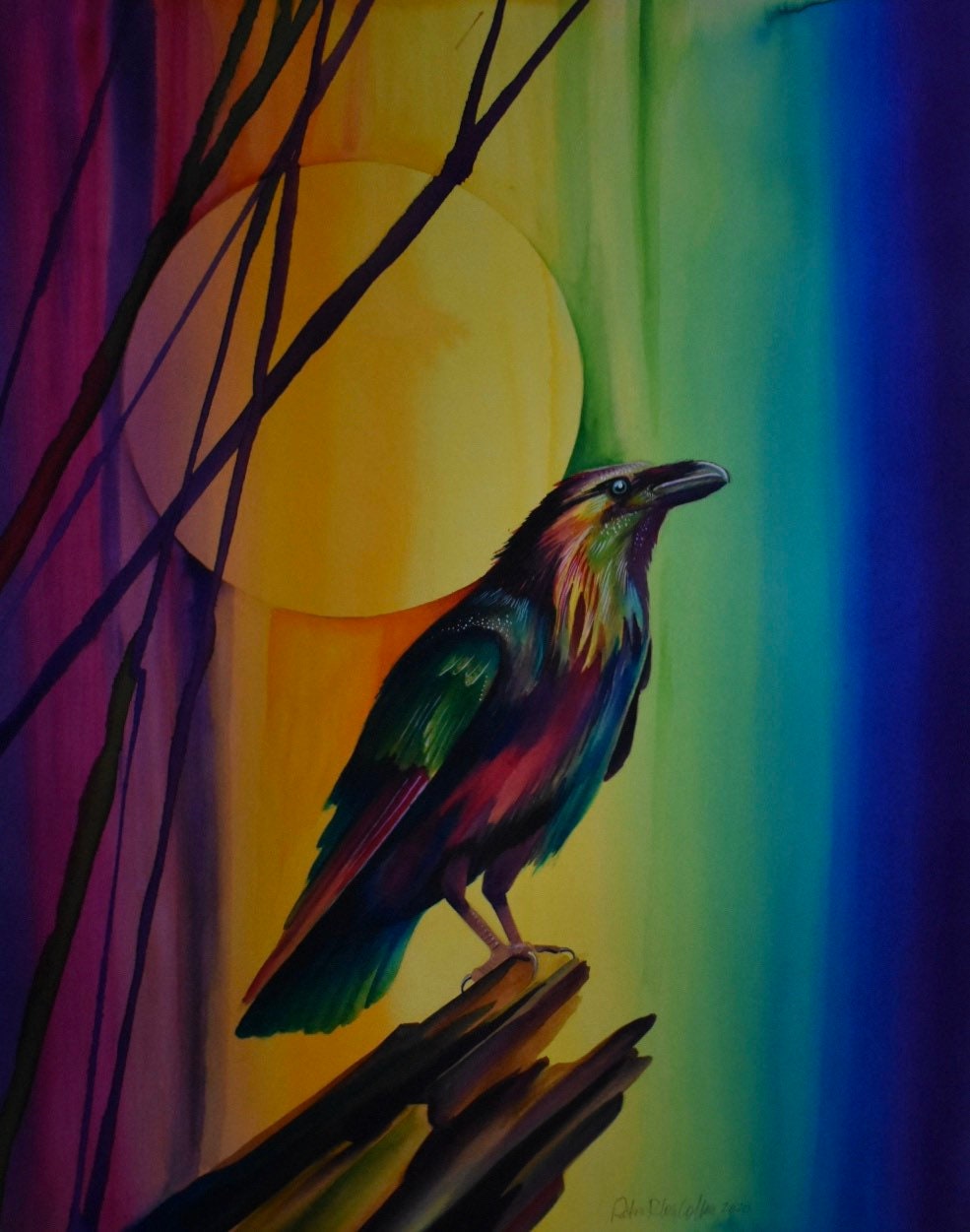 Art & Collectibles Watercolor Solitary Colorful Raven in Rainbow Sunset ...