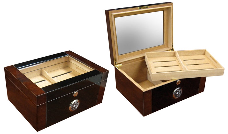 Cigar Humidor, Two Tone Dark Mahogany & Black Lacquer Finish Wooden ...