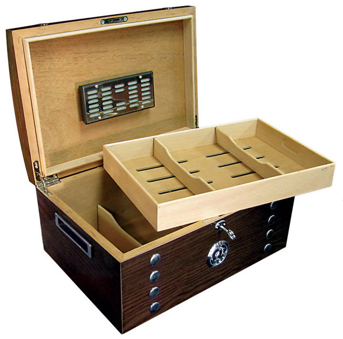 Cigar Humidor, Dark Mahogany Lacquer Studded Chest W/tray & Polished ...