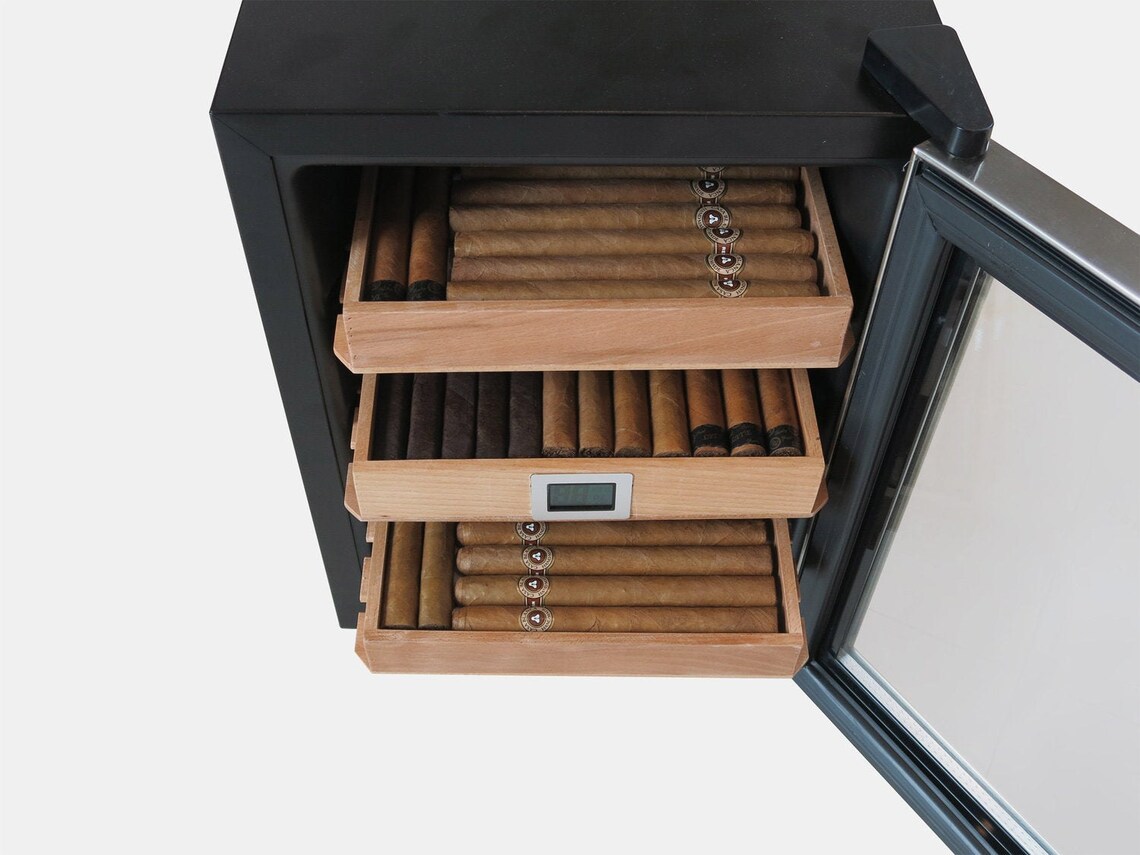 Cigar Humidor, Stainless Steel Tempered Glass Door Wooden, 250 Cigars ...