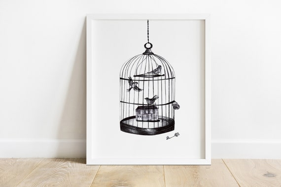 Birdcage A4 Art Print Bird Illustration Print Poster Bird | Etsy