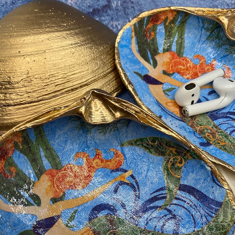 Decoupage Clam Shell Decor, Mermaid Gifts for Her, Blue and Gold ...