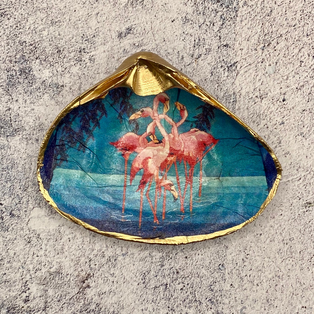 Decoupage Clam Shell, Pink Flamingo Beach Decor, Clam Shell, Handmade ...