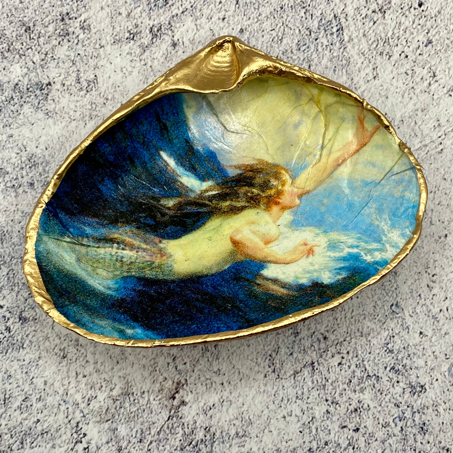 Decoupage Clam Shell Decor Mermaid Wave Art Handmade Ring - Etsy
