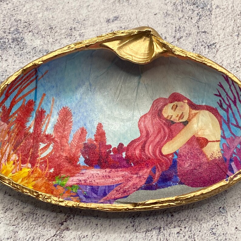 Decoupage Clam Shell Art, Rainbow Mermaid Decor, Handmade Ring Dish - Etsy