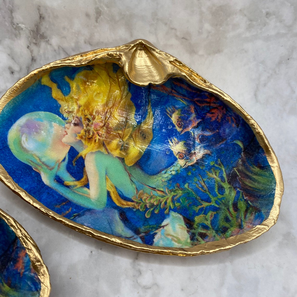 Decoupage Clam Shell Decor Art Deco Mermaid Blue and Green - Etsy