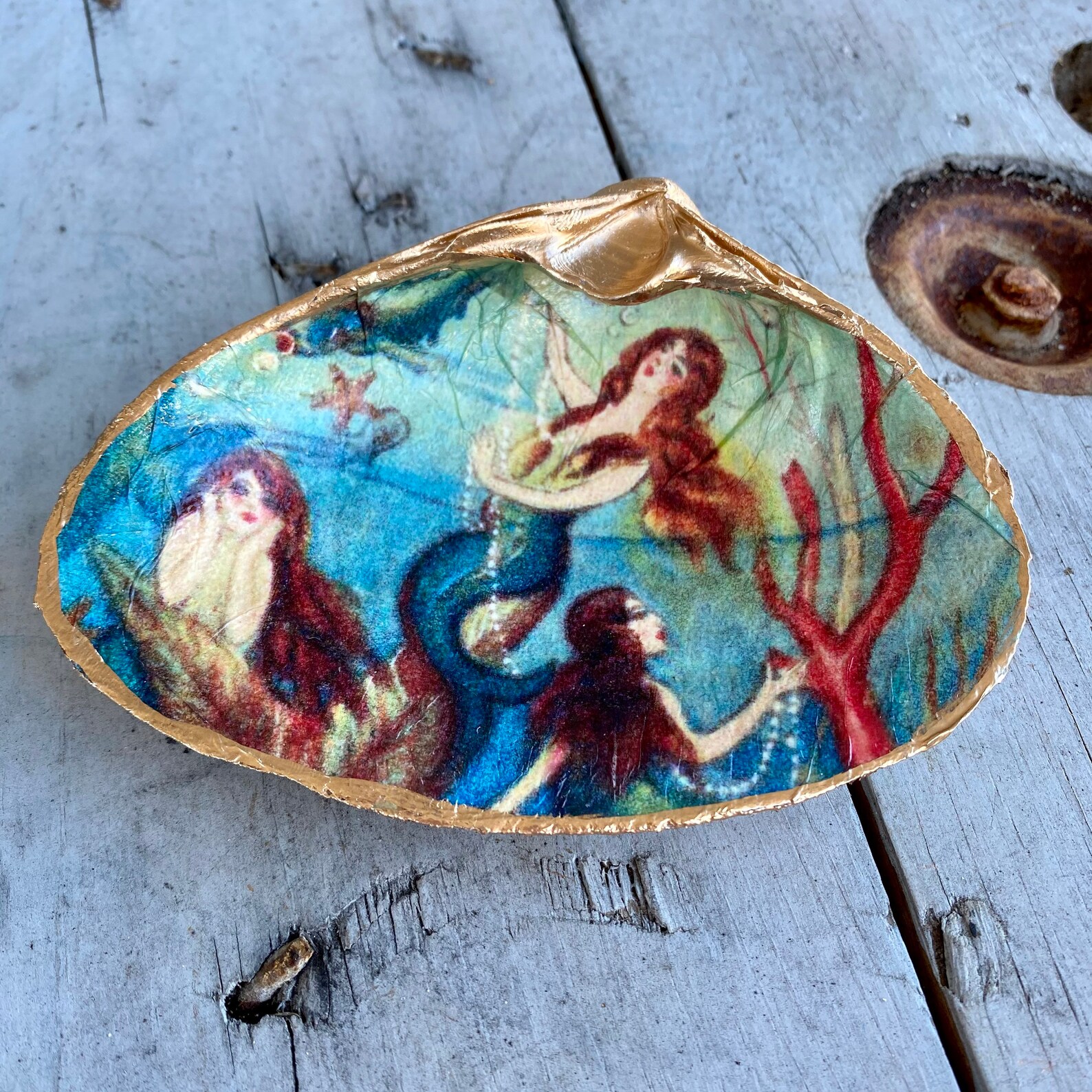 Decoupage Clam Shell Decor, Art Deco Mermaid Starfish Vintage Art ...