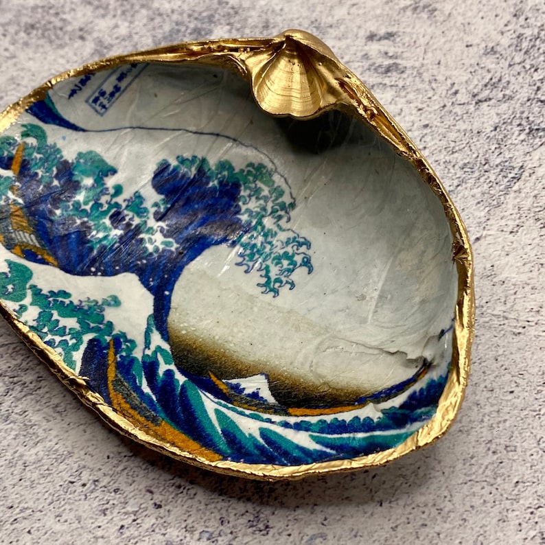 Decoupage Clam Shell Japanese Wave Handmade Ring Dish | Etsy