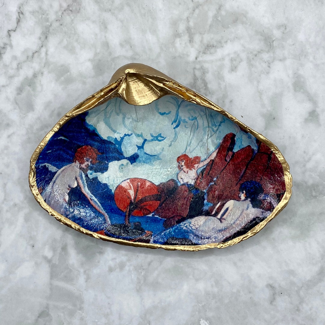 Decoupage Clam Shell Decor, Mermaids in the Surf, Handmade Ring Dish - Etsy